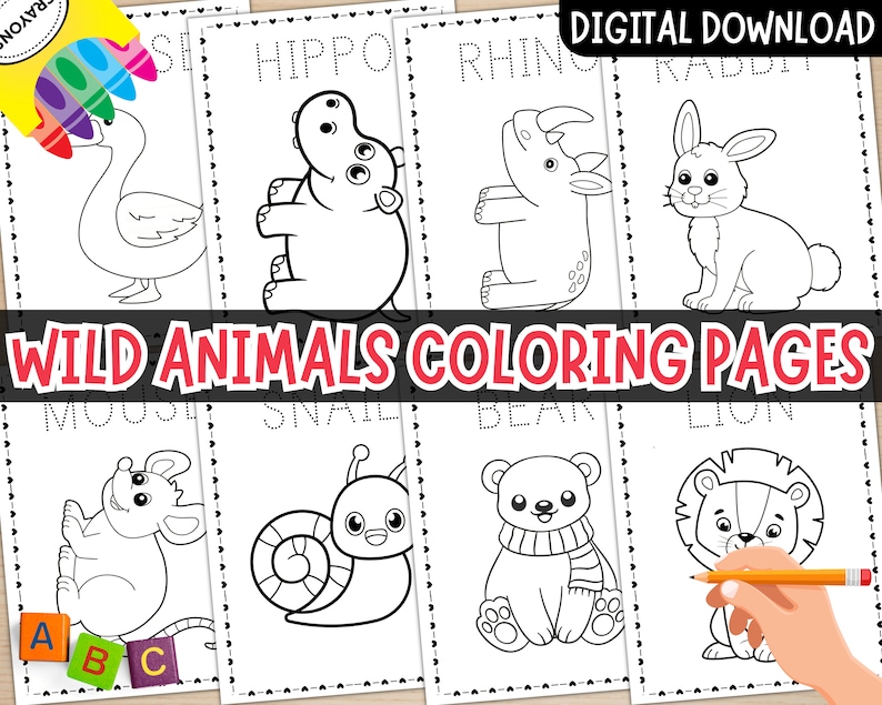 Printable Wild Animals Coloring Pages, Tracing Practise, Safari Animals ...