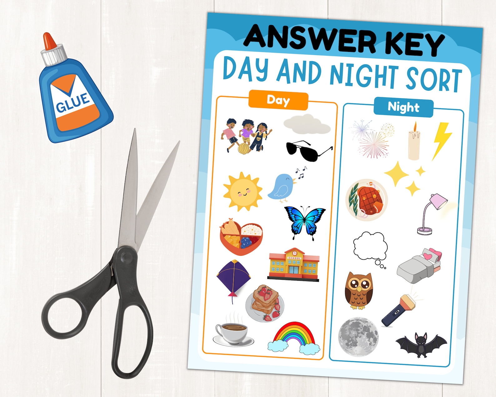 Day and Night Sorting Activity | Cut and Paste | Day or Night Printable ...