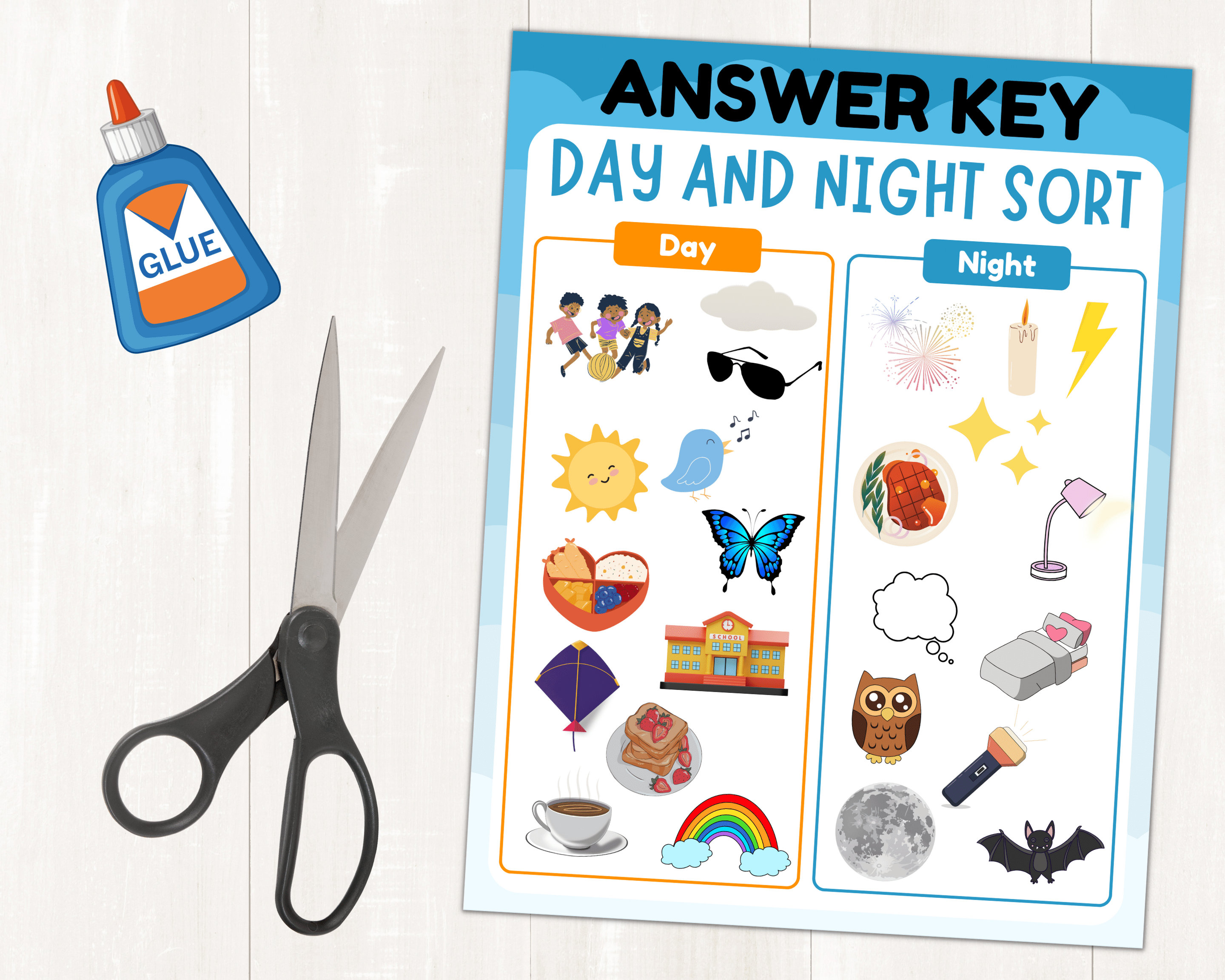 Day and Night Sorting Activity | Cut and Paste | Day or Night Printable ...