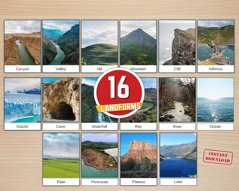 Landforms Montessori 3-part Cards | Types of Landforms Flashcards With ...