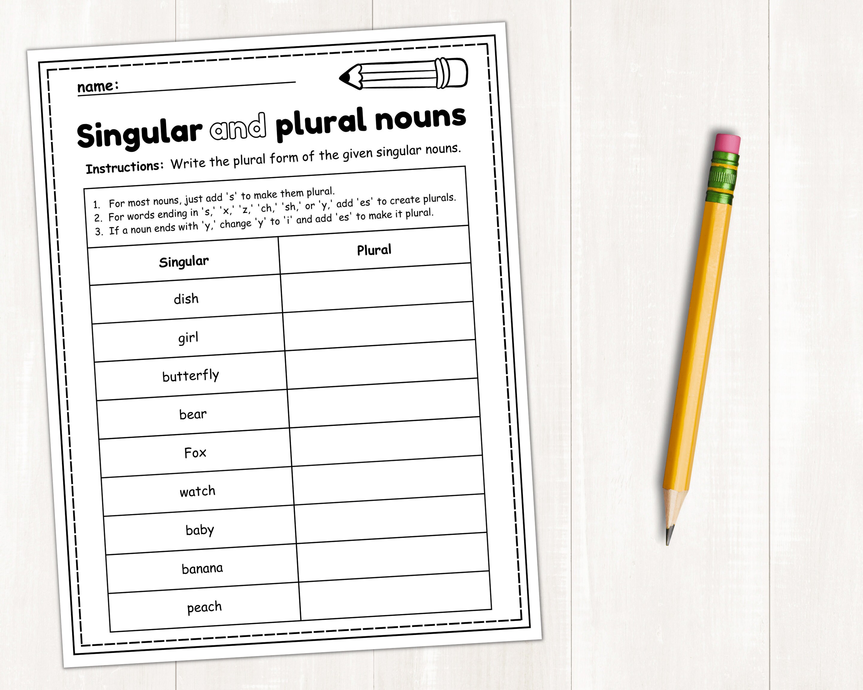 Hoja De Trabajo De Sustantivos Singulares Y Plurales