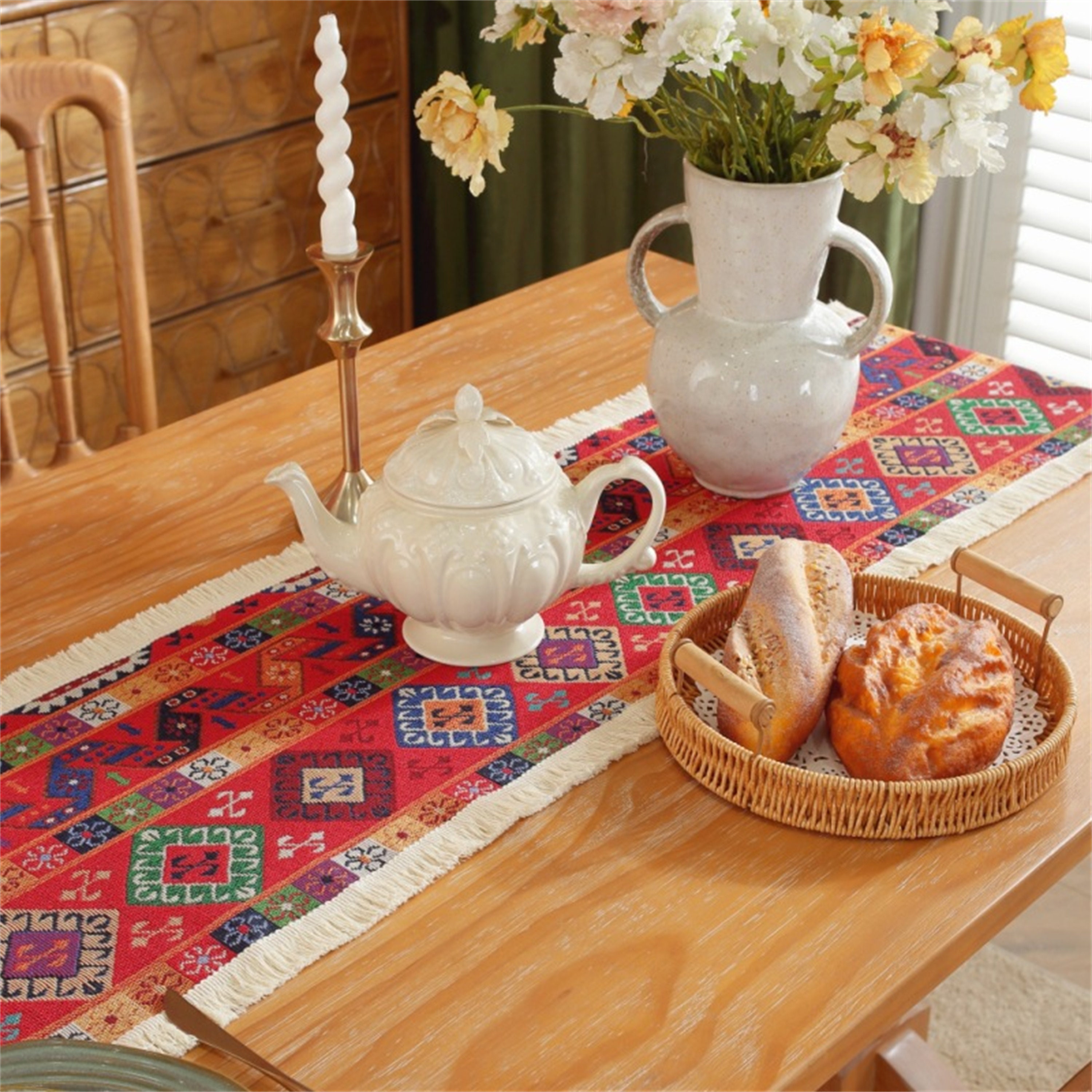 Red Boho Table Runner. Fresh Farmhouse Cotton Polyester Table - Etsy