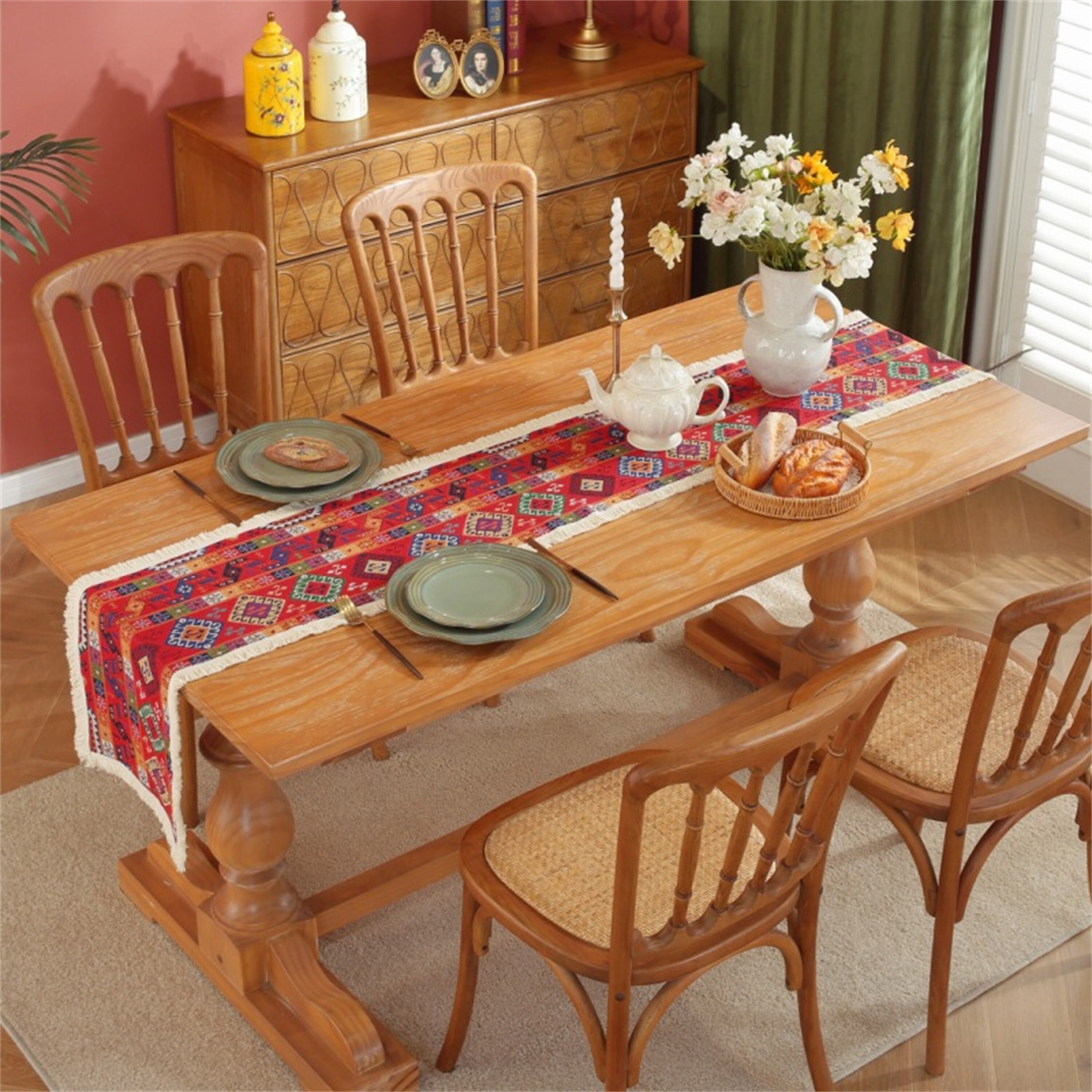 Red Boho Table Runner. Fresh Farmhouse Cotton Polyester Table - Etsy