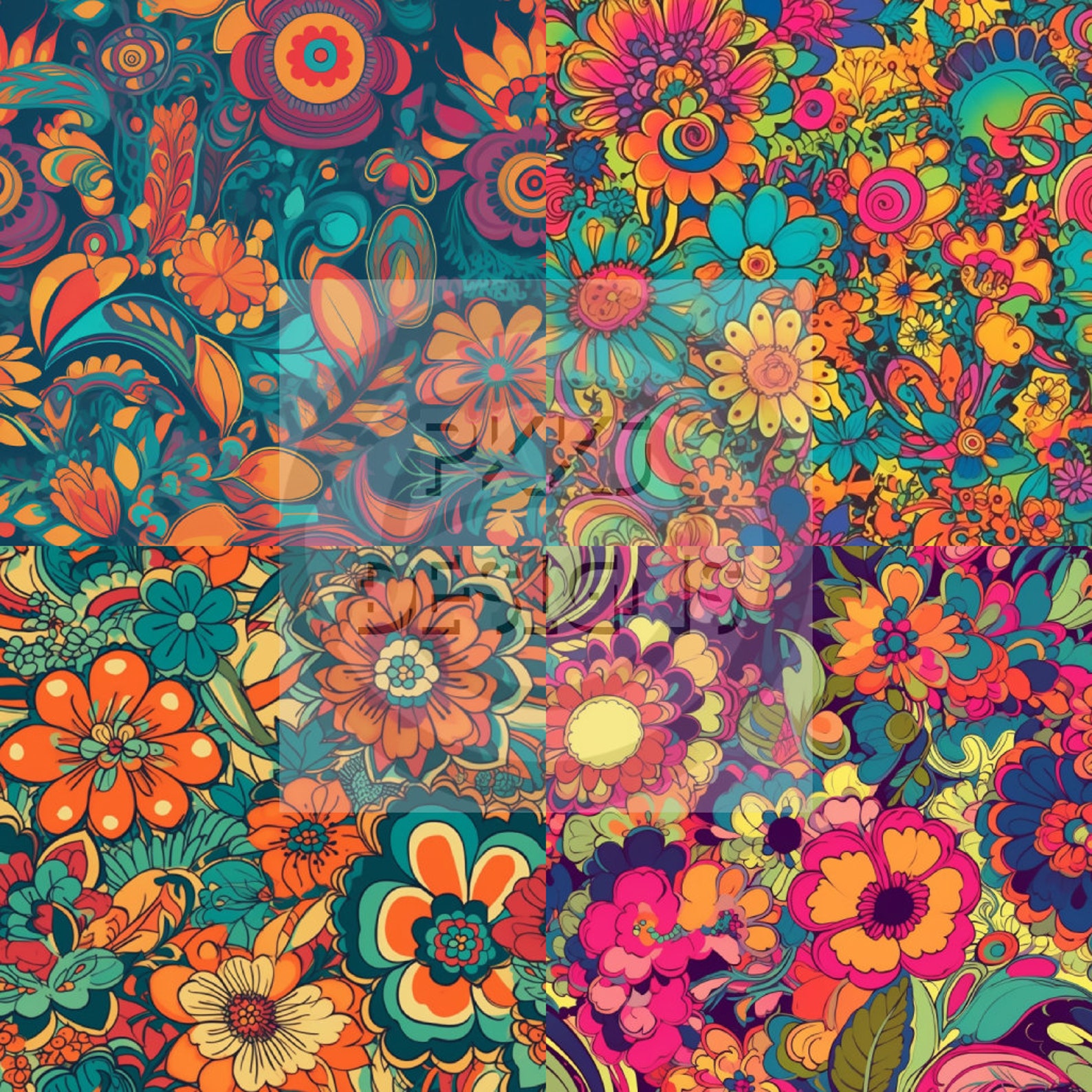 Groovy Retro Seamless Floral Designs, 1970's Floral Print Patterns, 12 ...