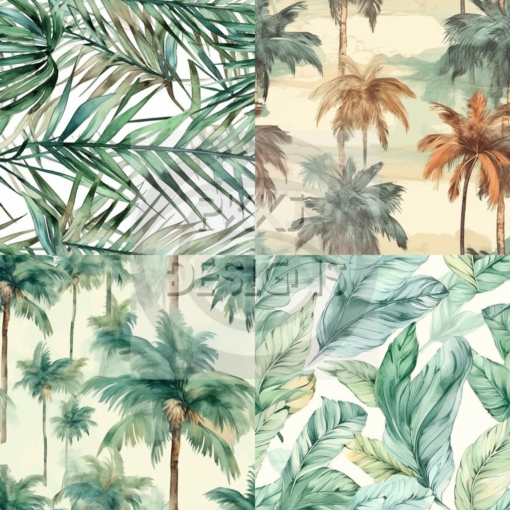 12"x12" Watercolor Tropical Seamless Digital Patterns, Printable Digital Paper. Palm Leaves ...