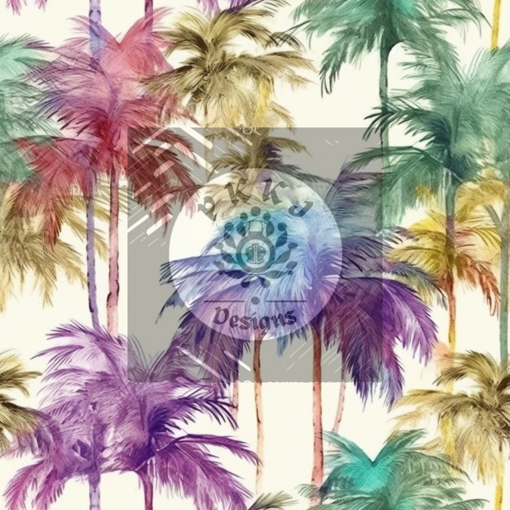 12"x12" Watercolor Palm Tree Seamless Digital Patterns, Printable Digital Paper. Palm Leaves ...