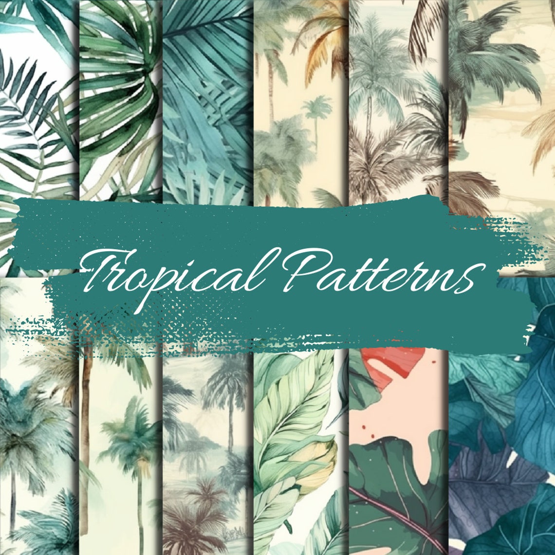 12"x12" Watercolor Tropical Seamless Digital Patterns, Printable Digital Paper. Palm Leaves ...