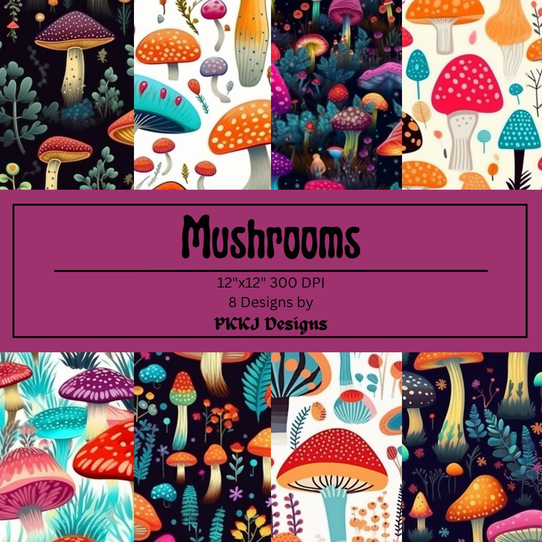 Colorful Mushroom Designs, 12 Inch by 12 Inch Seamless Patterns, Craft ...