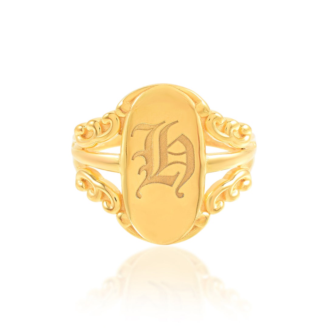 14k Gold Initial Letter Ring, Customized Letter Ring, Bold Signet Ring ...