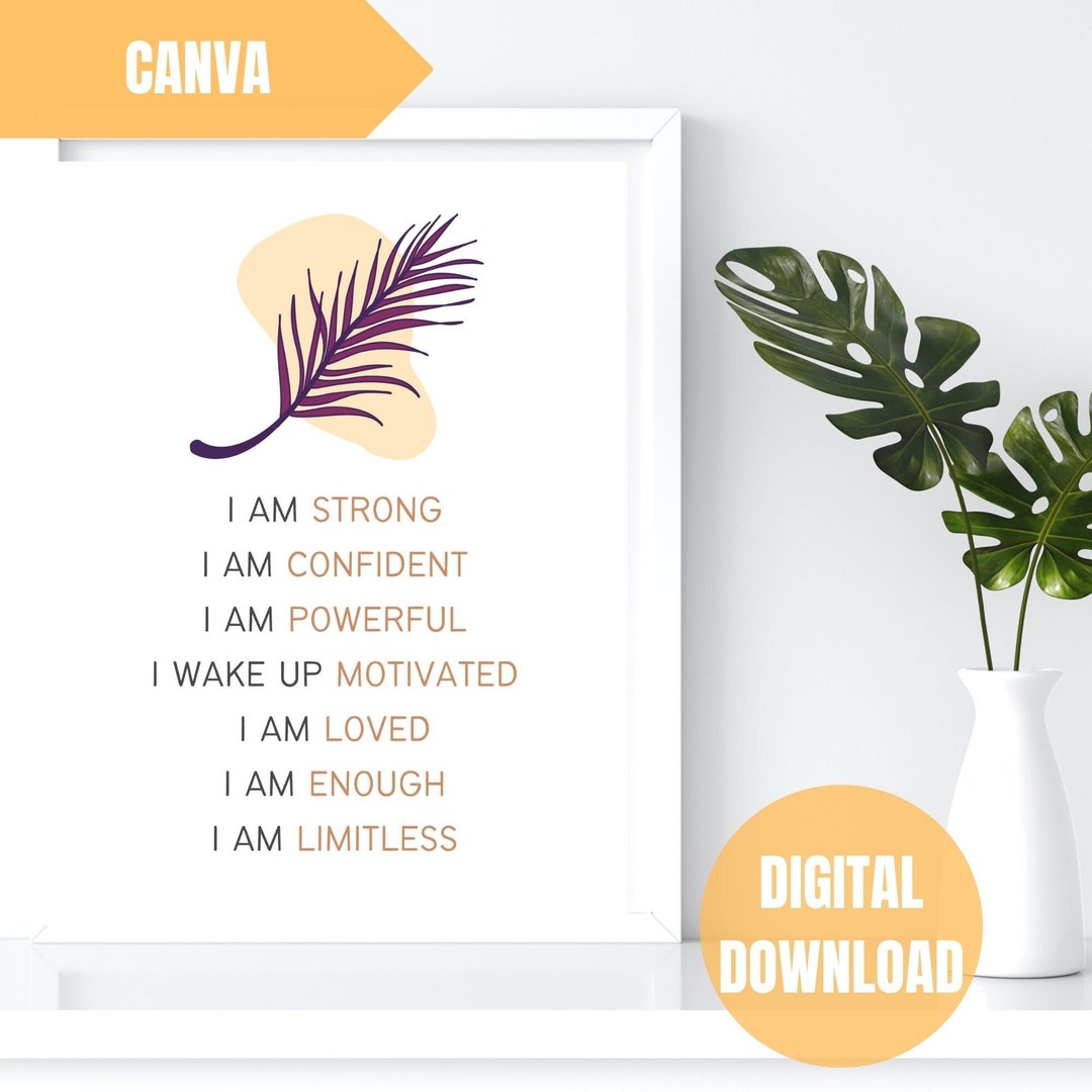 Positive Affirmation ,I Am Strong, Botanical Attribute, Printable Art ...