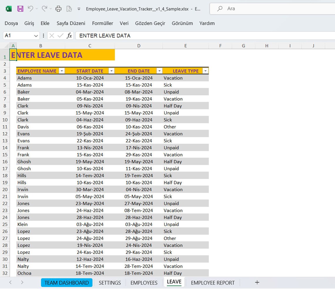 Comprehensive Leave & Vacation Tracker Excel Template - Etsy
