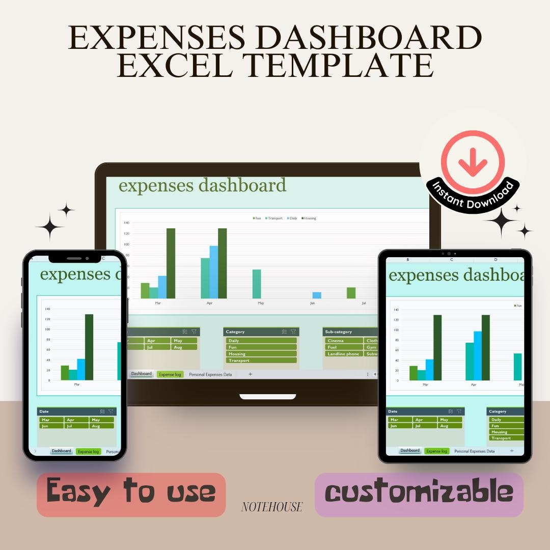 Expenses Dashboard Excel Template With Pivot Table and Clickable ...