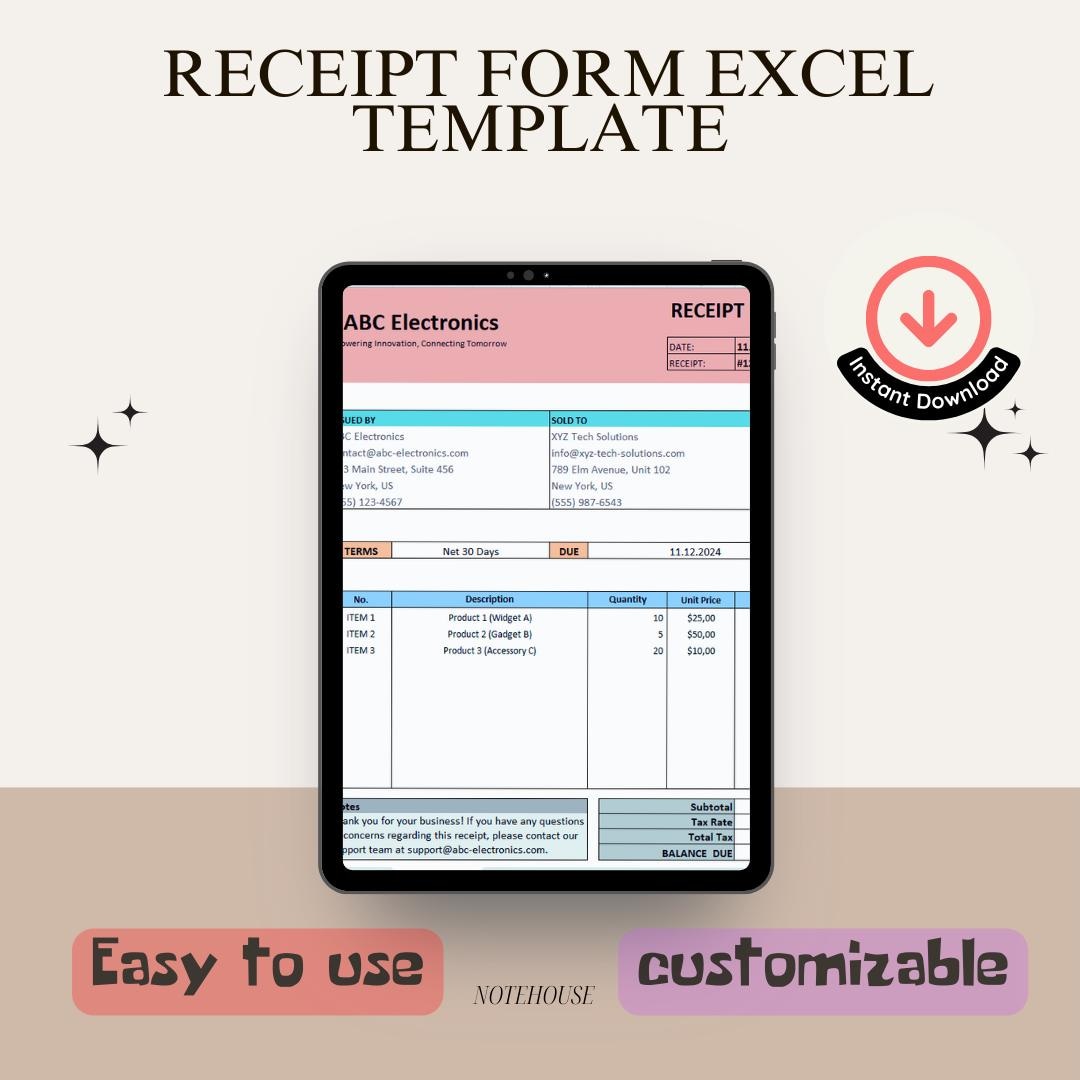 Editable Receipt Template Excel | Fillable & Printable Business Receipt ...