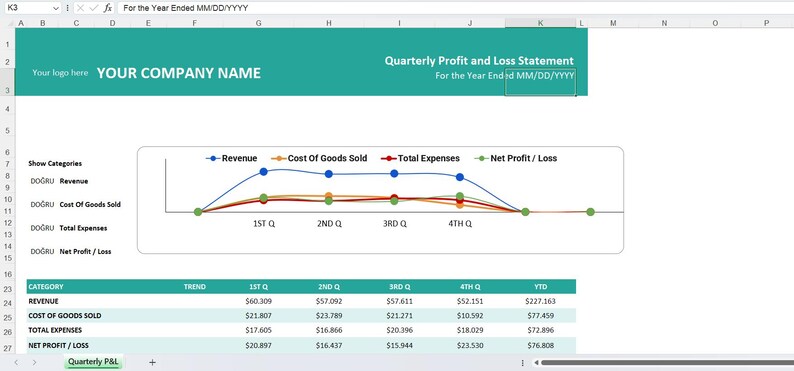 Quarterly Profit & Loss Statement Template | Editable Excel Spreadsheet ...