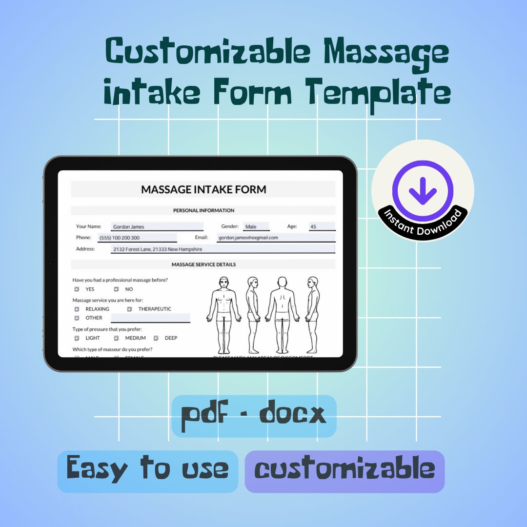 Customizable Massage Intake Form Template for PDF & DOCX Editable ...