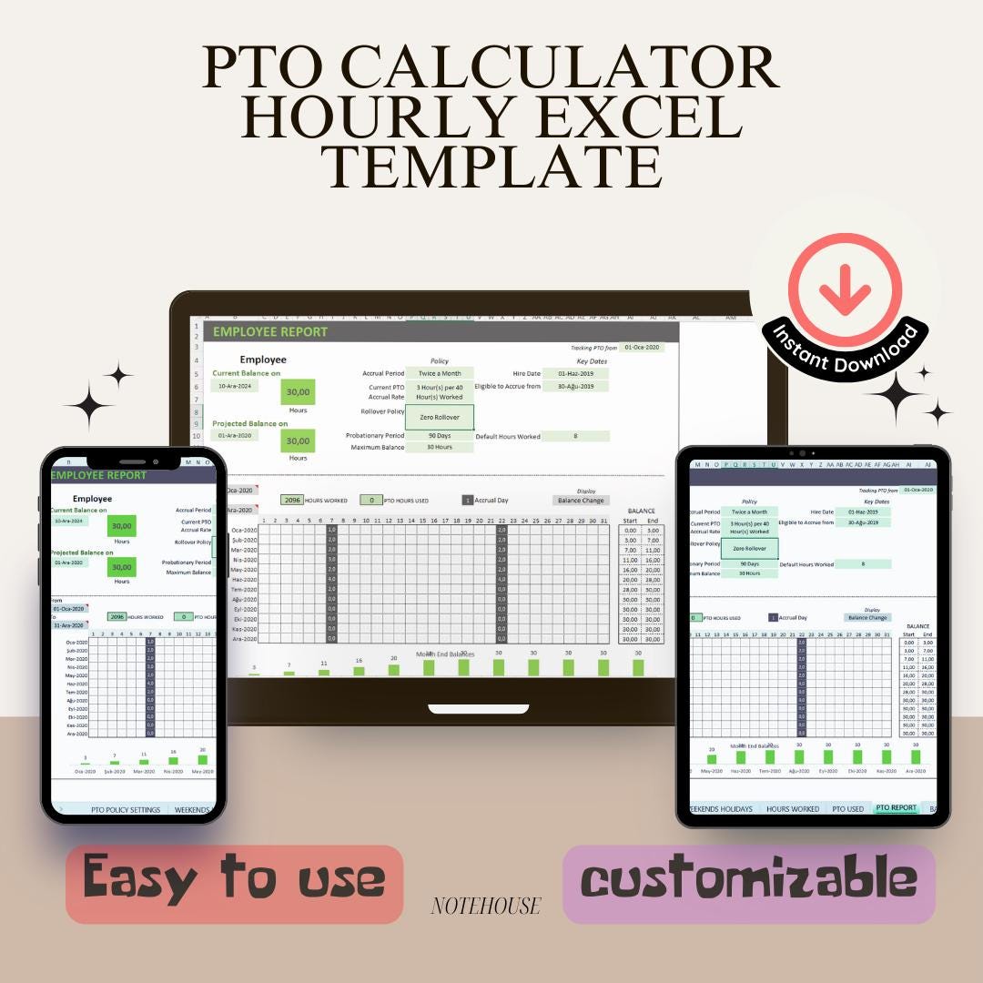 PTO Calculator Hourly Excel Template: Employee Leave Tracker (digital ...
