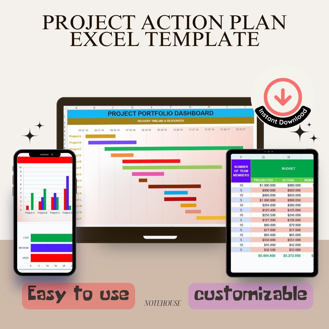 Project Action Plan Excel Template – Includes Risk Analysis, Financial ...
