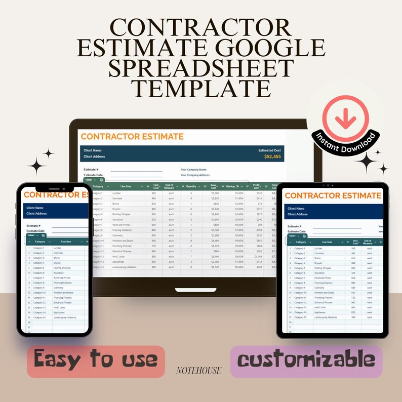 Contractor Estimate Google Spreadsheet Template | Professional Job ...