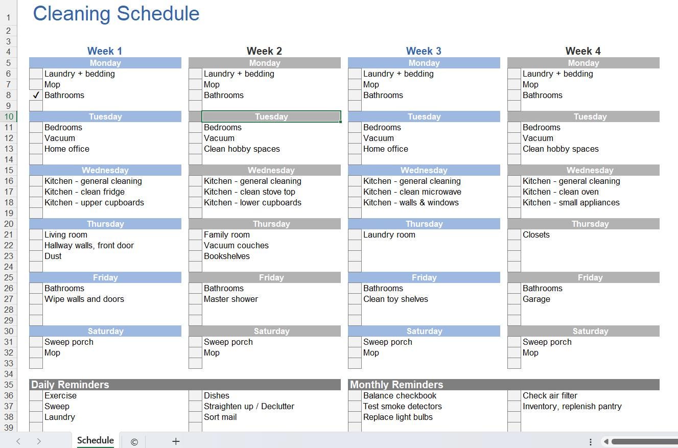House Cleaning Schedule Excel Template - Daily & Weekly Schedule - Etsy