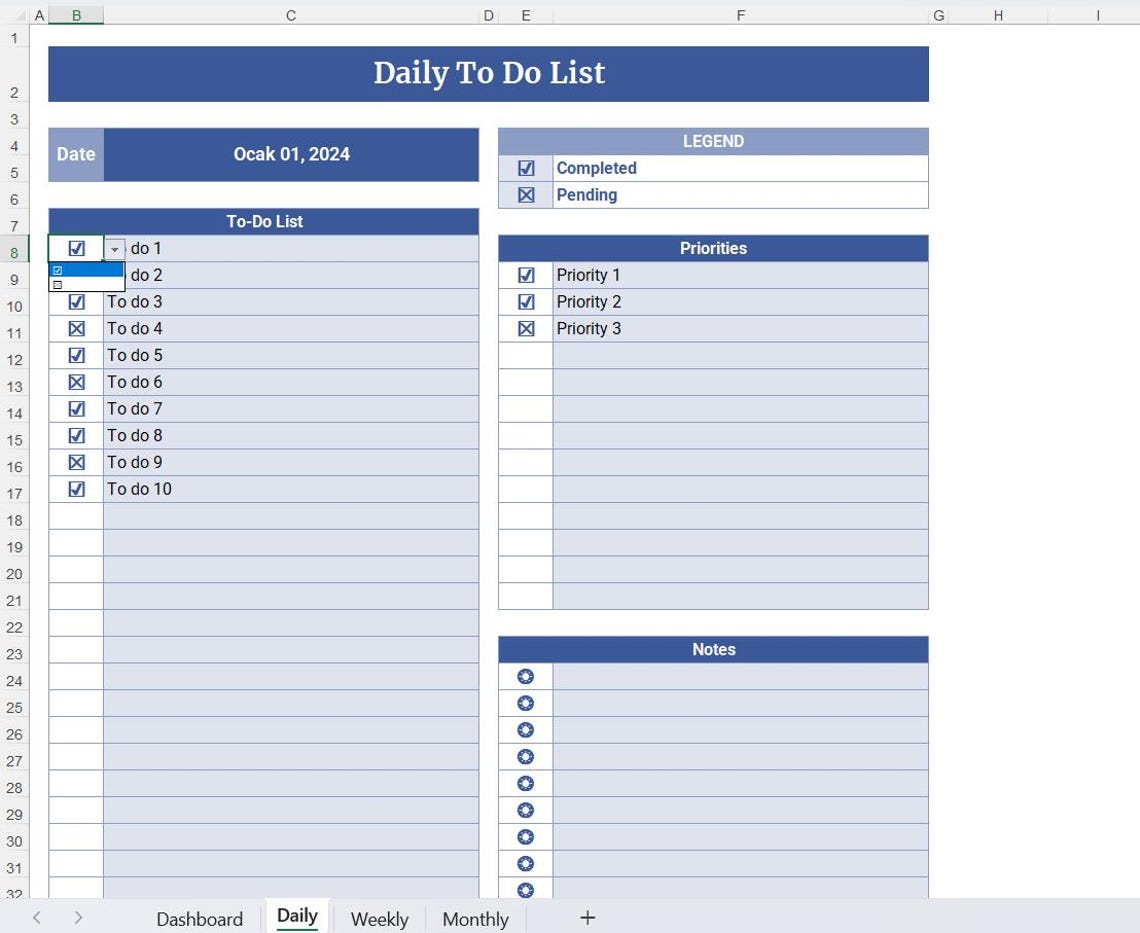 Daily, Weekly, Monthly To-do List Excel Template - Etsy