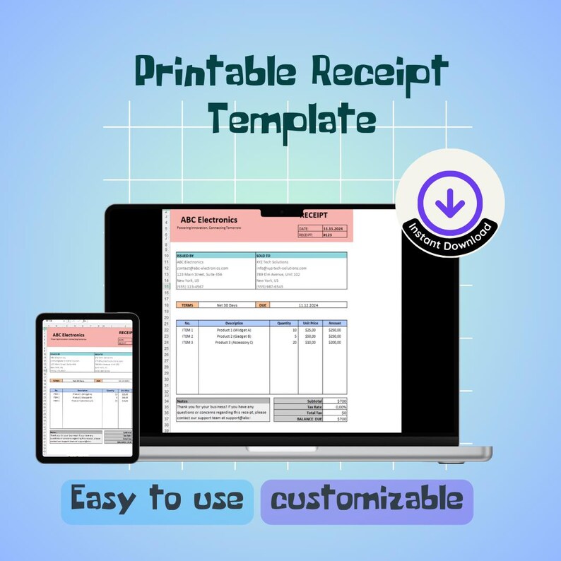 Editable Receipt Template Excel Fillable & Printable Business Receipt ...