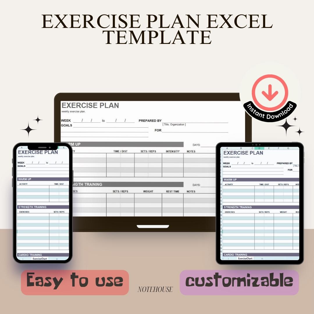 Customizable Excel Exercise Planner Template Fitness & Workout Tracker ...