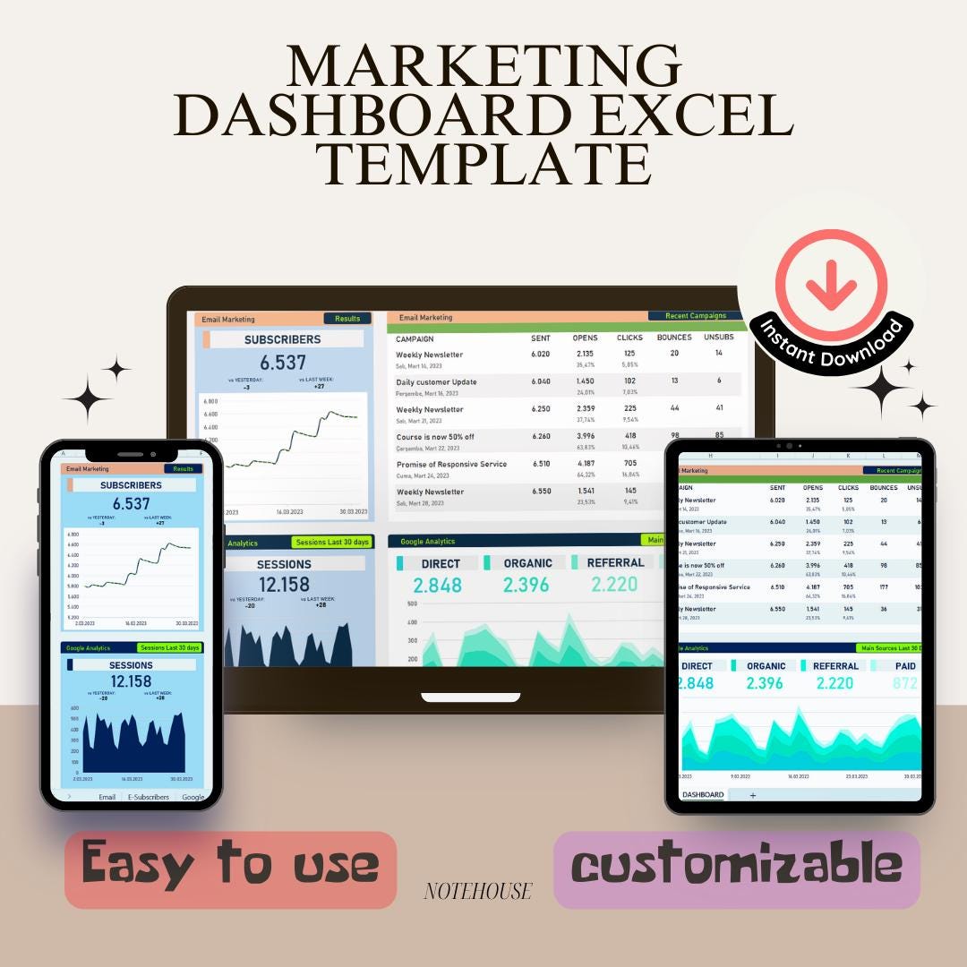 Marketing Dashboard Excel Template - Track Campaigns, Subscribers & Web ...