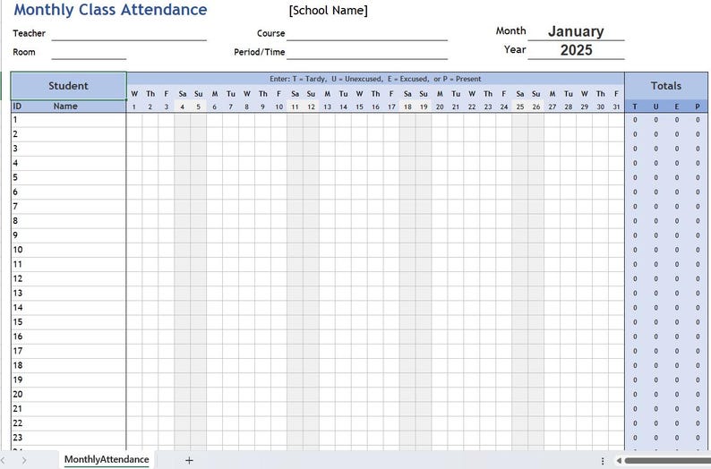 Monthly Class Attendance Excel Template – Simplify Your Attendance ...