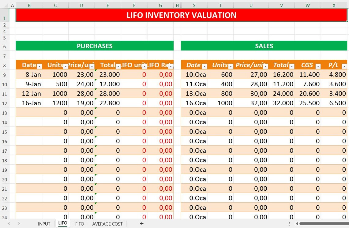 Inventory Management Excel Template – LIFO, FIFO & Average Cost ...