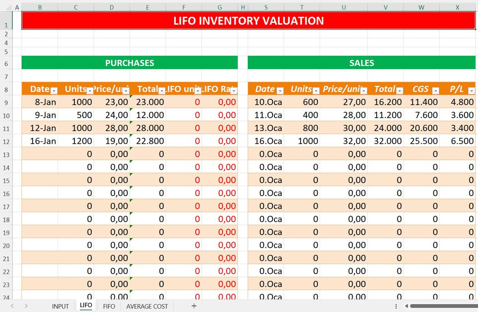 Inventory Management Excel Template – LIFO, FIFO & Average Cost ...