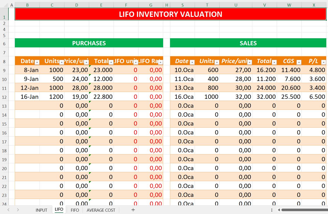 Inventory Management Excel Template – LIFO, FIFO & Average Cost ...