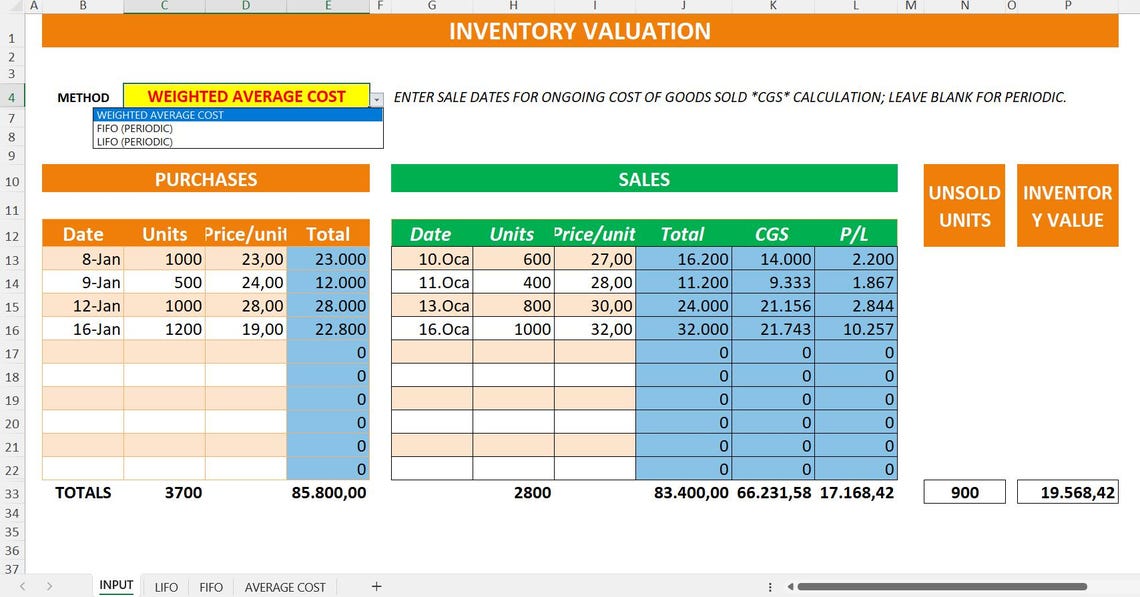 Inventory Management Excel Template – LIFO, FIFO & Average Cost ...