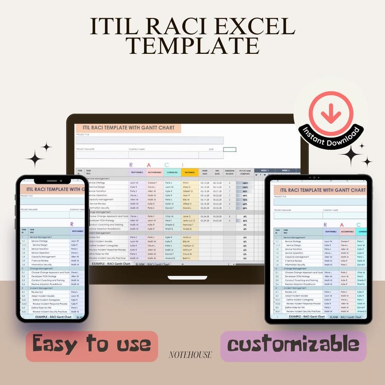 ITIL RACI Excel Template With Gantt Chart – Streamline Your IT Service ...