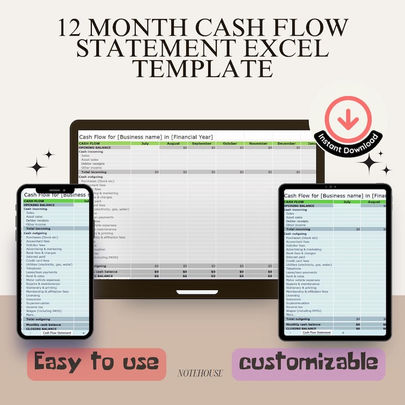 12-month Cash Flow Statement Template – Excel Spreadsheet for Financial ...