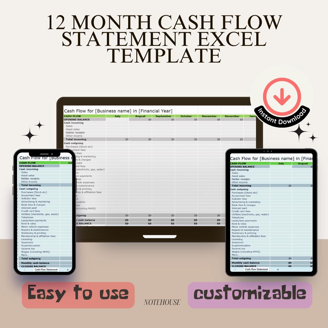 12-month Cash Flow Statement Template – Excel Spreadsheet for Financial ...