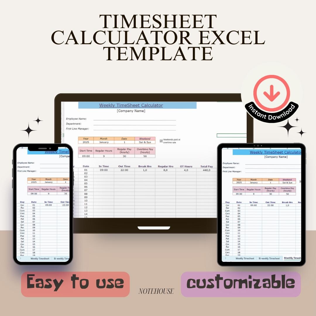 Excel Timesheet Calculator Template – Track Hours Weekly, Monthly, and ...