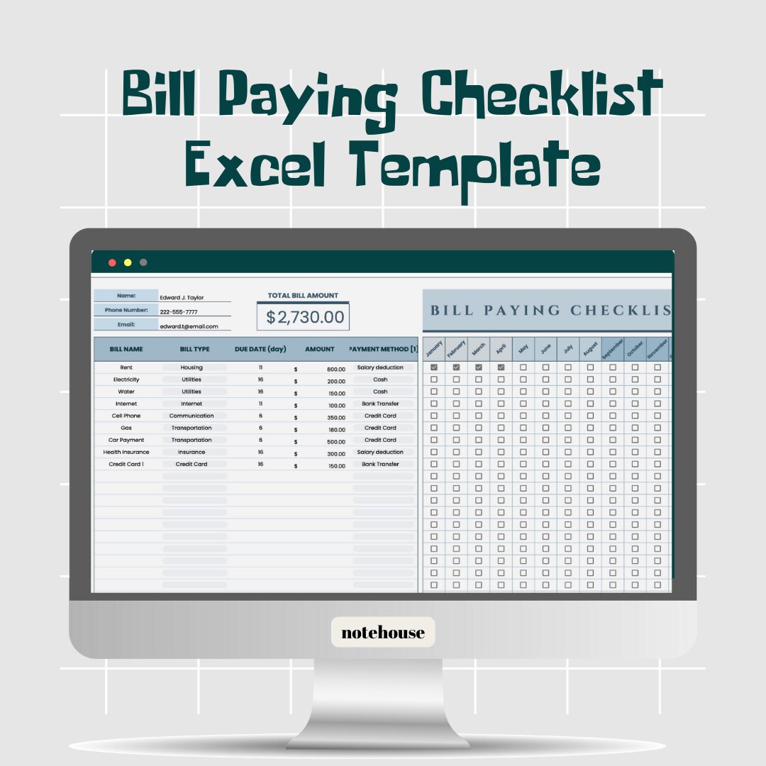 Stay on Top of Bills With Our Excel Bill Paying Checklist Template - Etsy