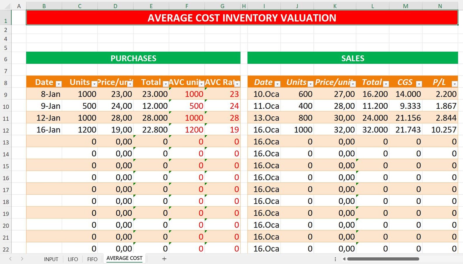 Inventory Management Excel Template – LIFO, FIFO & Average Cost ...