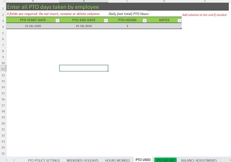 PTO Calculator Hourly Excel Template: Employee Leave Tracker (digital ...