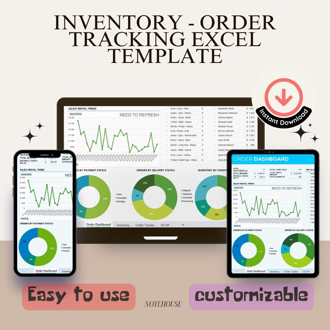 Business Clothing Inventory Dashboard Excel Template + Order Tracker ...