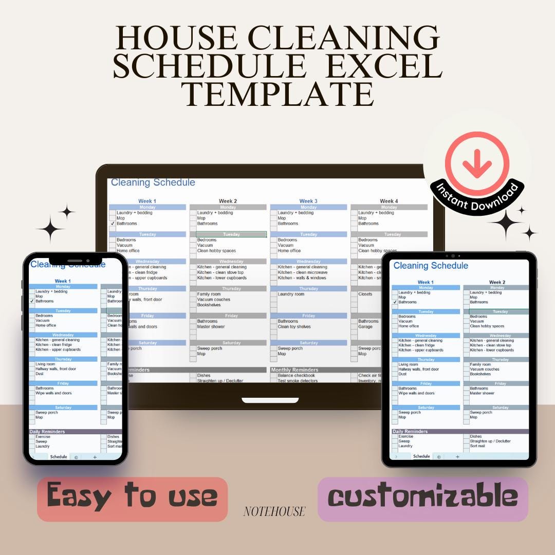 House Cleaning Schedule Excel Template - Daily & Weekly Schedule - Etsy