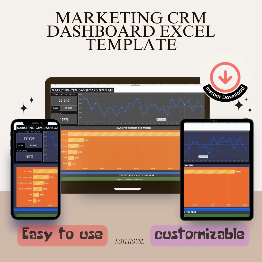 Marketing CRM Dashboard Excel Template Lead Tracking Performance Analysis Visualize Monthly ...