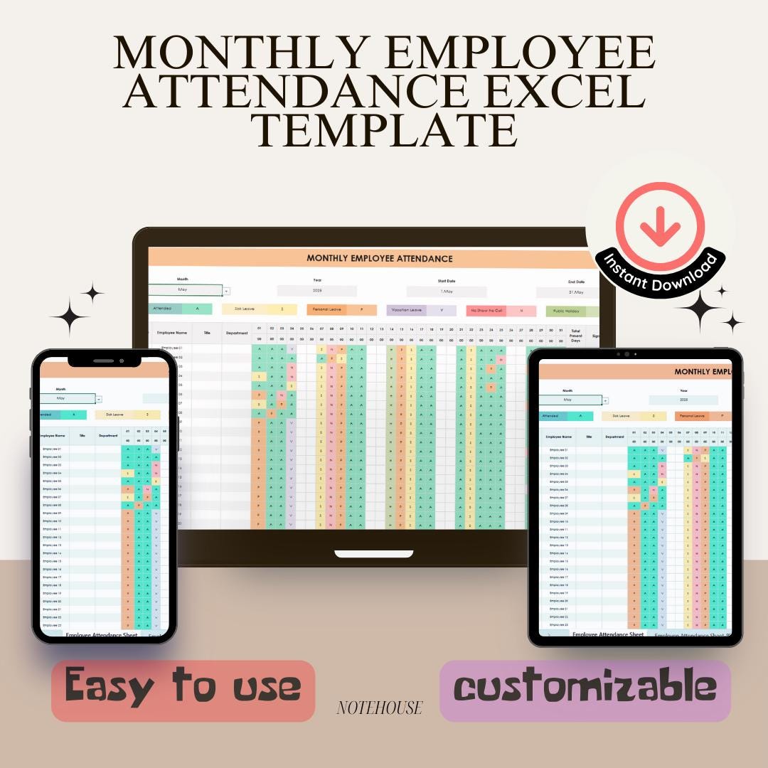Monthly Employee Attendance Excel Template – Track Workdays & Absences ...