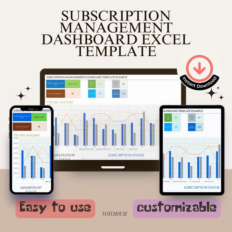Subscription Management Dashboard Template for Excel Track YTD Revenue ...