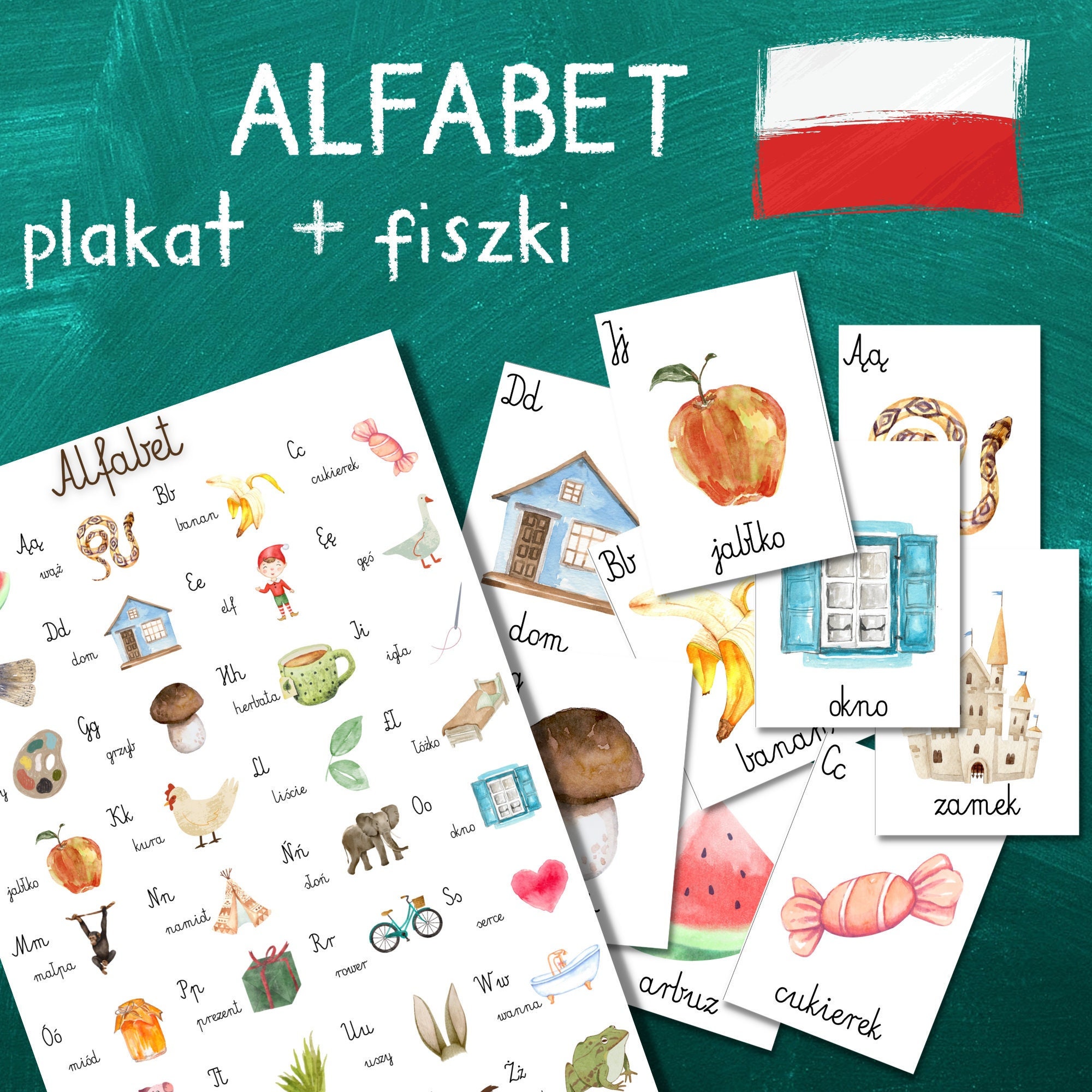 POLSKI ALFABET Karty Plakat Akwarela Montessori Homeschooling PDF Do ...