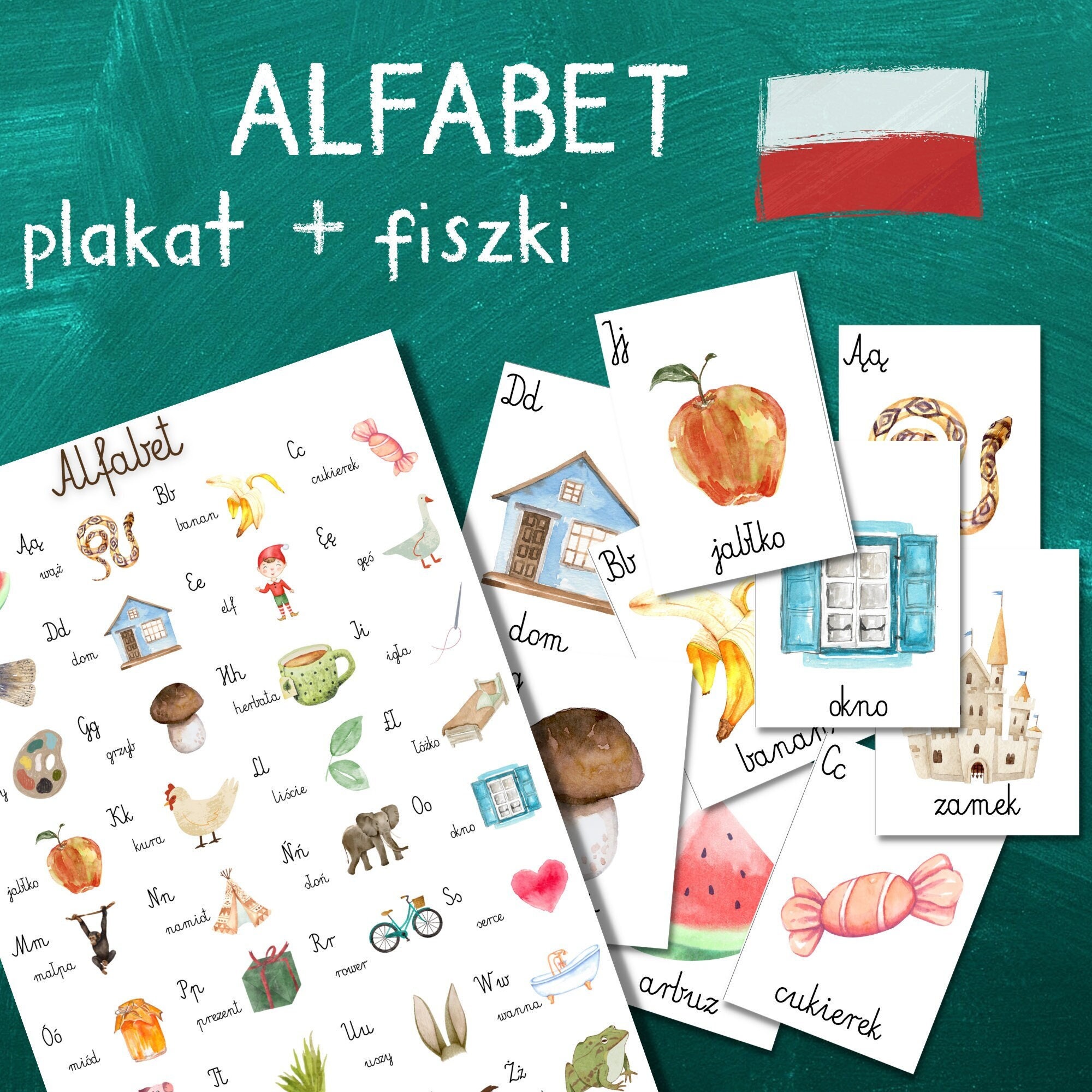 POLSKI ALFABET Karty Plakat Akwarela Montessori Homeschooling - Etsy