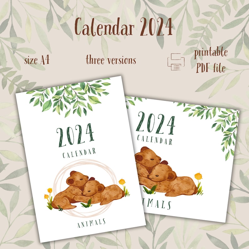 PRINTABLE CALENDAR 2024 ANIMALS Cute Watercolor Illustrations Digital ...