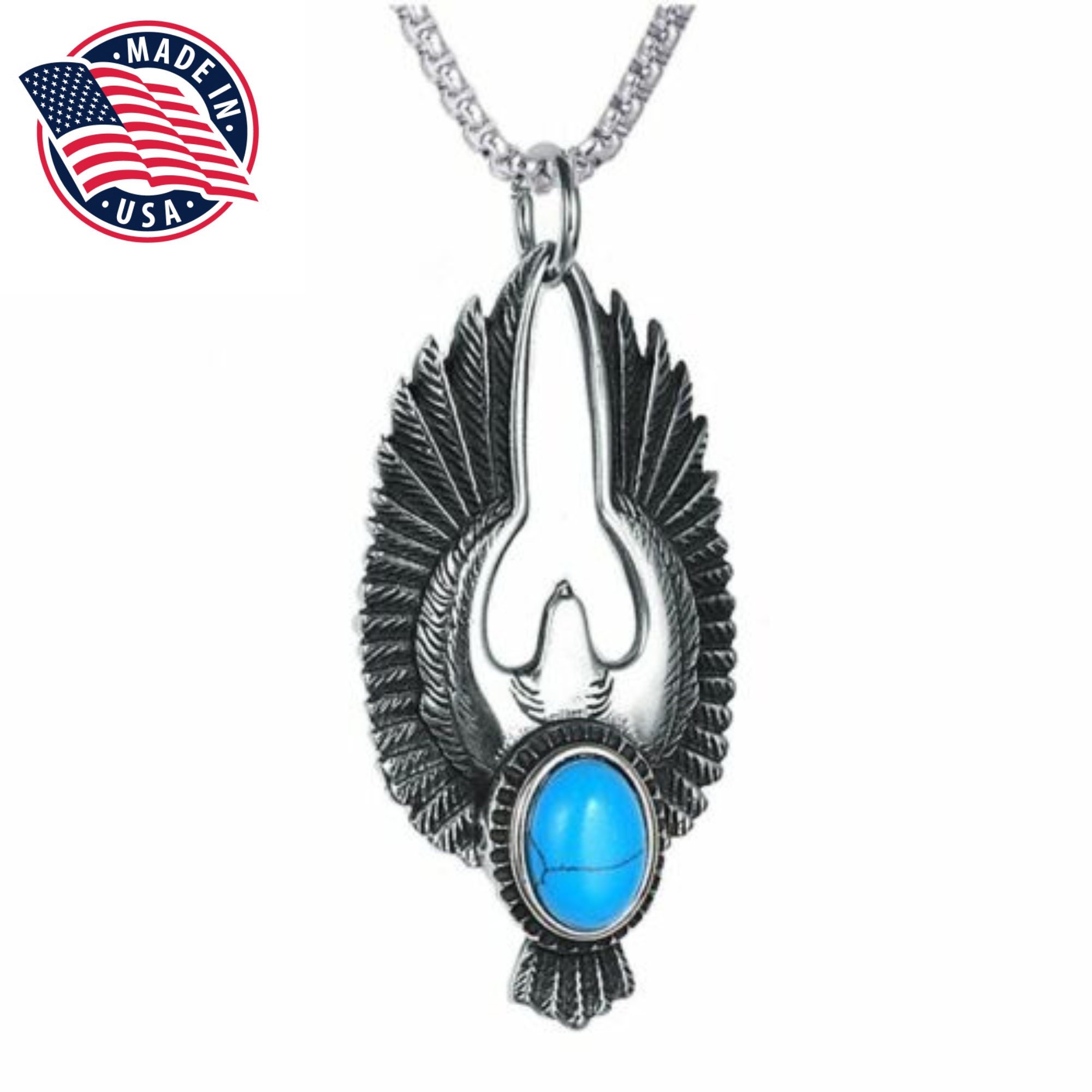 Aztec Turquoise Thunderbird Stainless Steel Pendant Necklace | Native ...