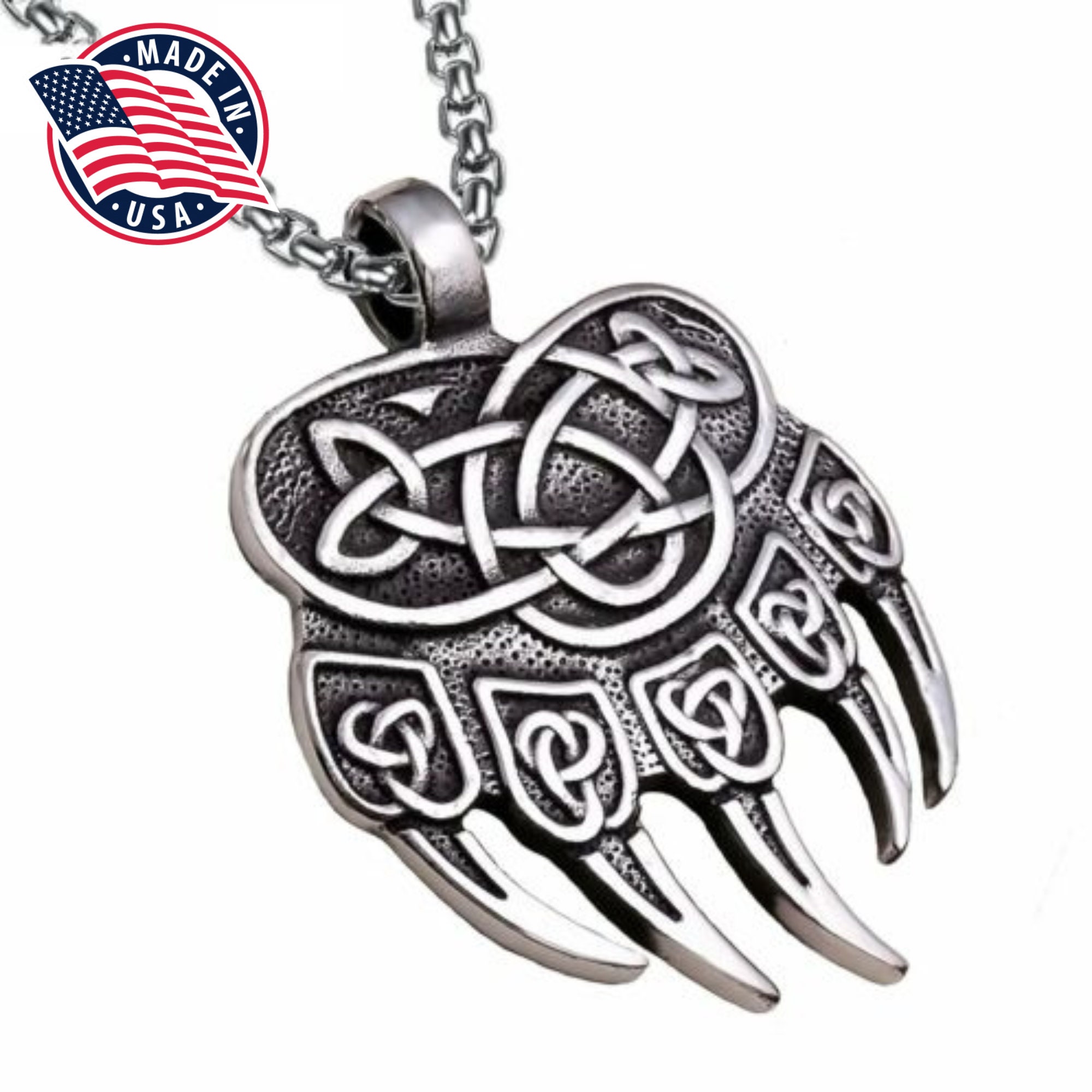 Viking Trinity Knot Bear Claw Paw Stainless Steel Pendant Necklace for ...