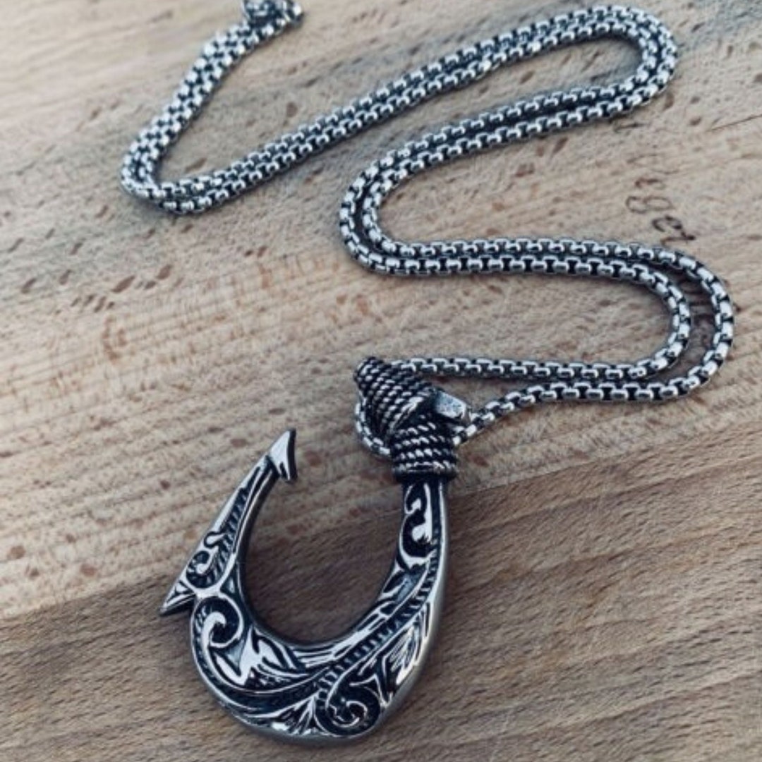 Biker Fishing Hawaiian Fish Hook Stainless Steel Pendant Necklace for ...